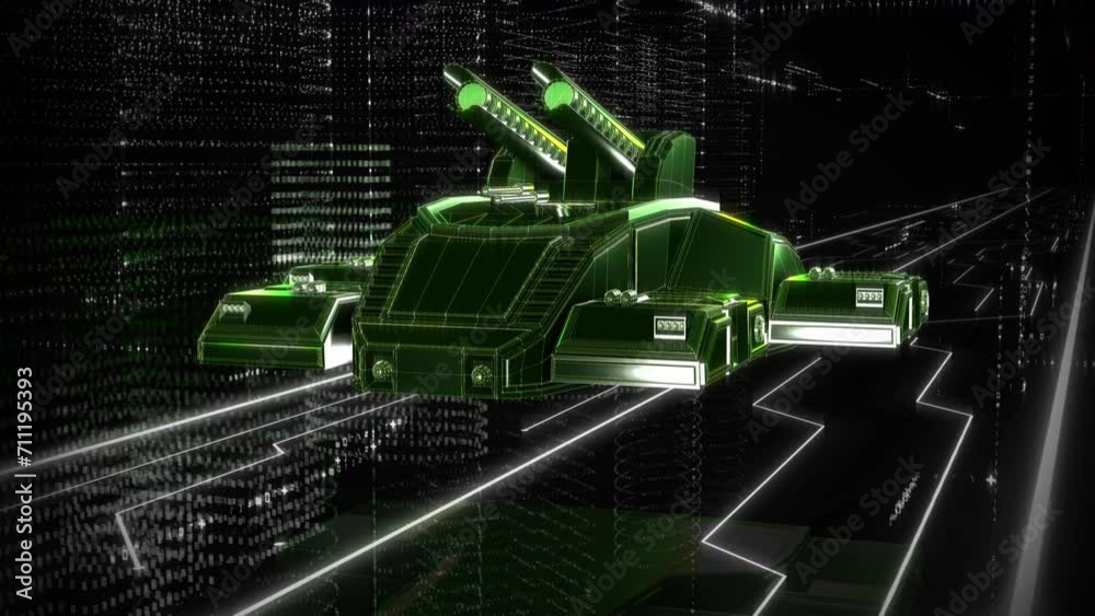 A high tech army vehicle is carrying laser weapons through cyberspace ...