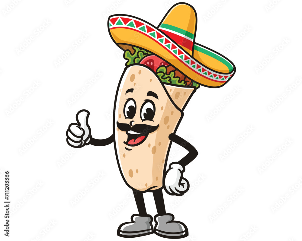 Burrito with a mustache and wearing a sombrero, Mexican hat cartoon ...