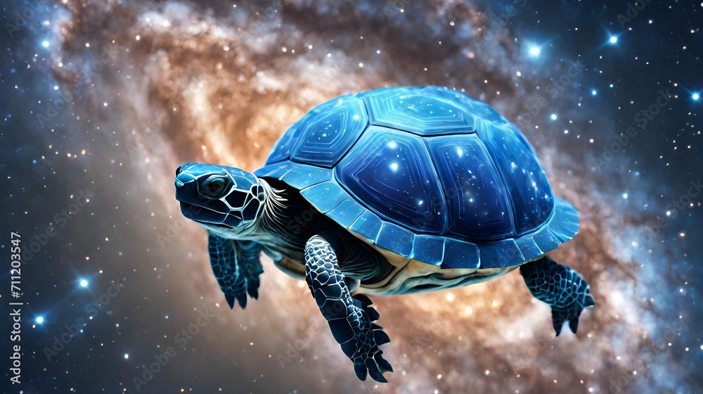 Fantasy concept art of a giant brass mechanical turtle flying away ...