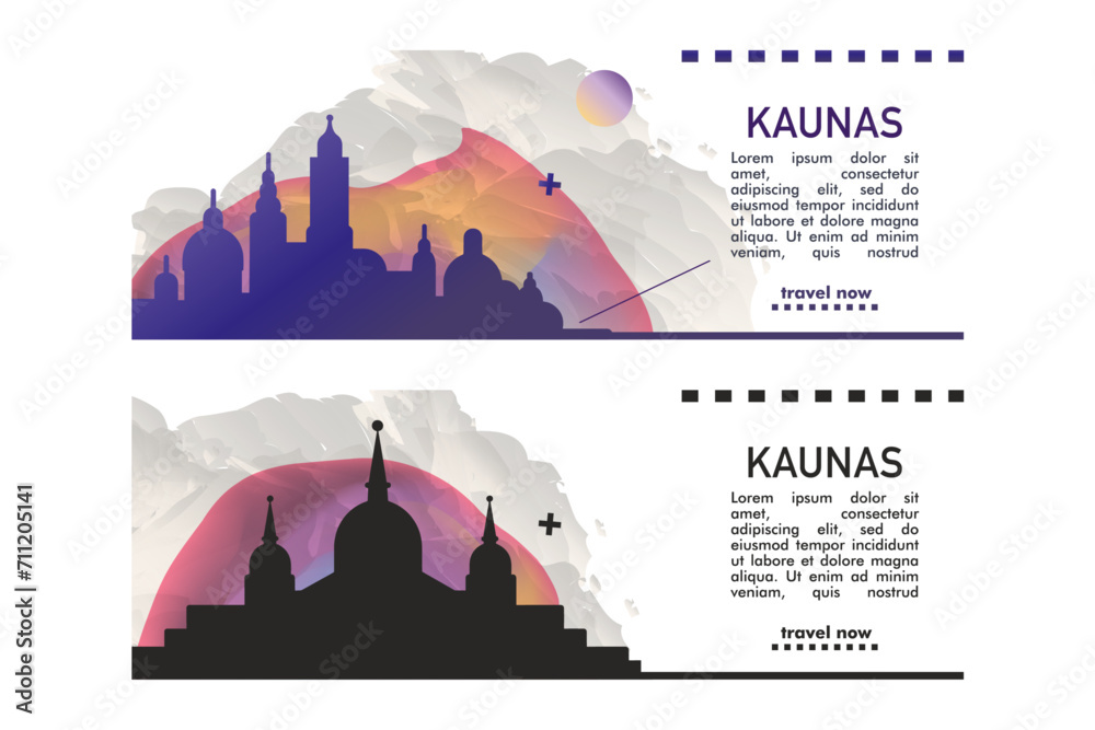 Kaunas city banner pack with skyline, cityscape, landmark. Lithuania ...