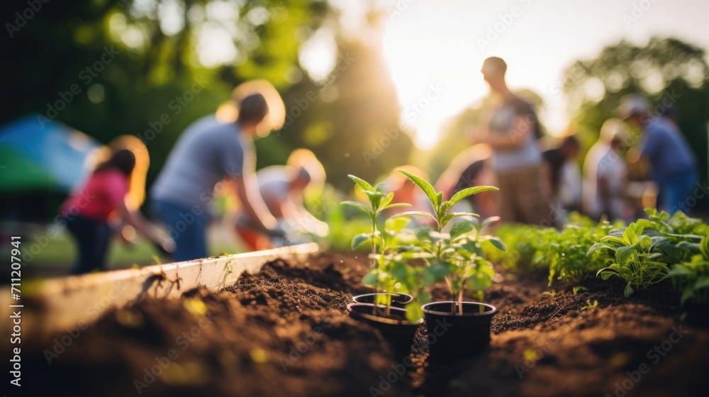 A diverse group of individuals working together to plant, water, and ...