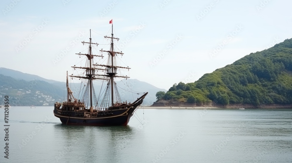 Pirate ship with lowered sails drifts on azure sea during calm arriving ...