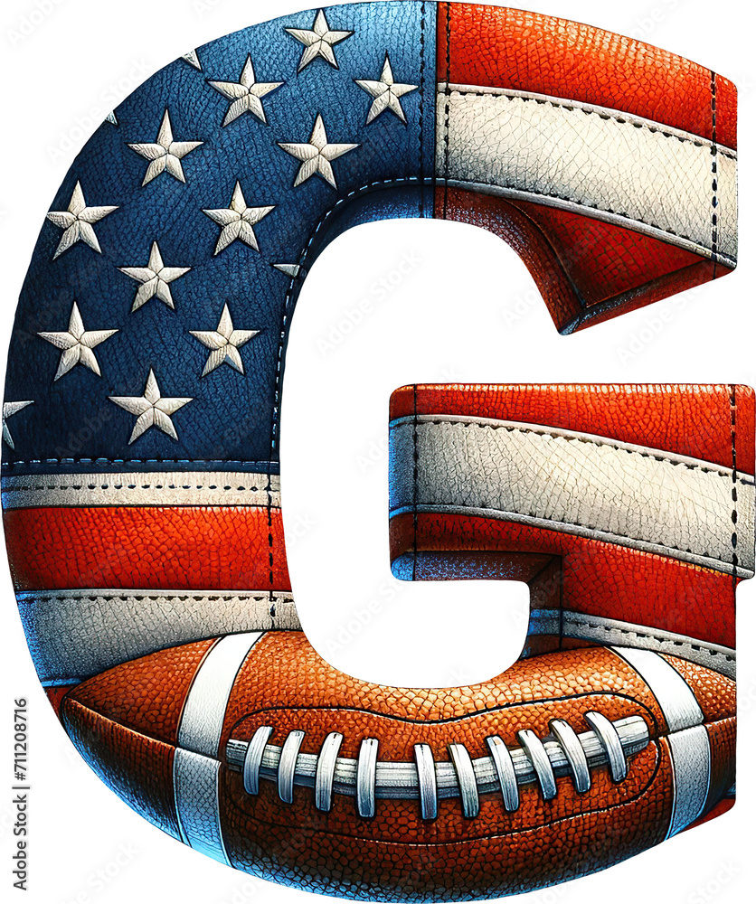 Alphabet letter G, American football font, American flag with football ...