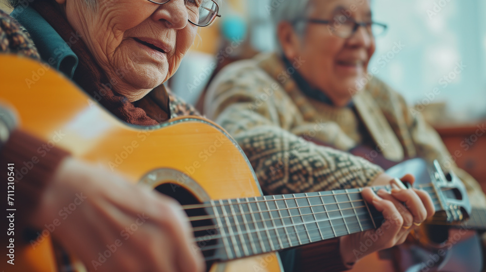 Elderly woman learning guitar. Senior people with indoor activity and ...