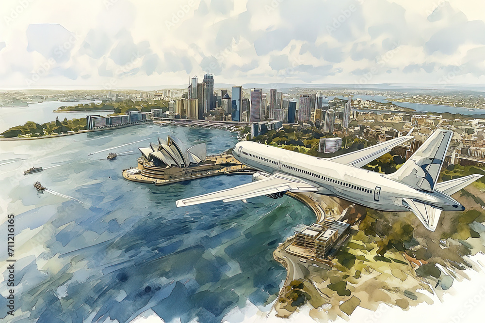 Airplane above Sydney Opera House in Australia, cartoon illustration ...