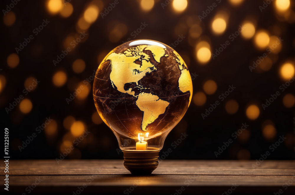 light bulb with illuminated golden particle Planet Earth Map inside ...