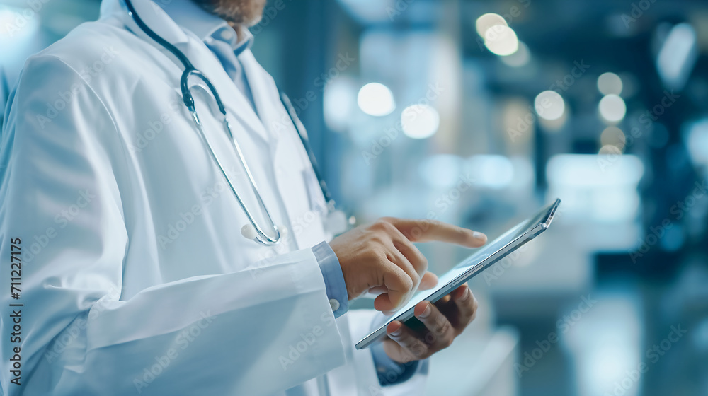 Doctor using a tablet to review patient medical history in a hospital ...