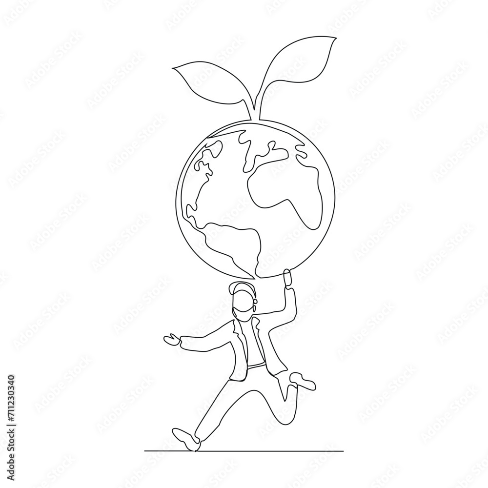 Continuous single line sketch drawing of happy man holding earth globe ...