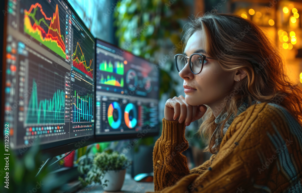 Analyst woman work business market analytics complex charts on multi ...