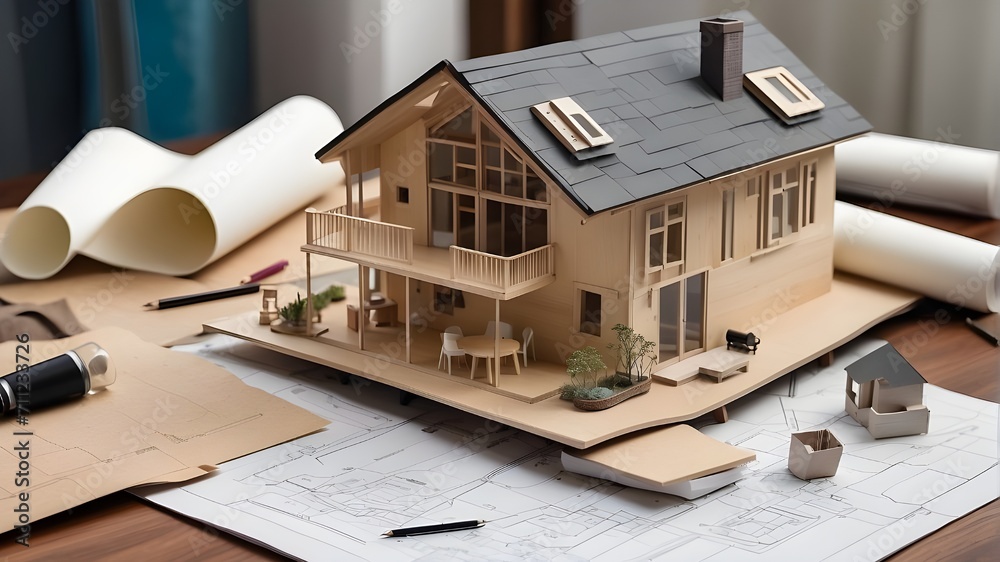 plan of the home,model of a tiny house on an architecture floorplan and ...