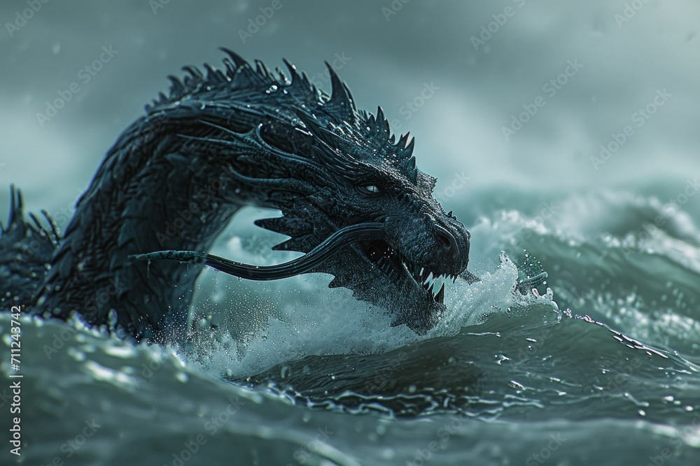 Sea serpent dragon emerges from waves, a powerful and aquatic display ...