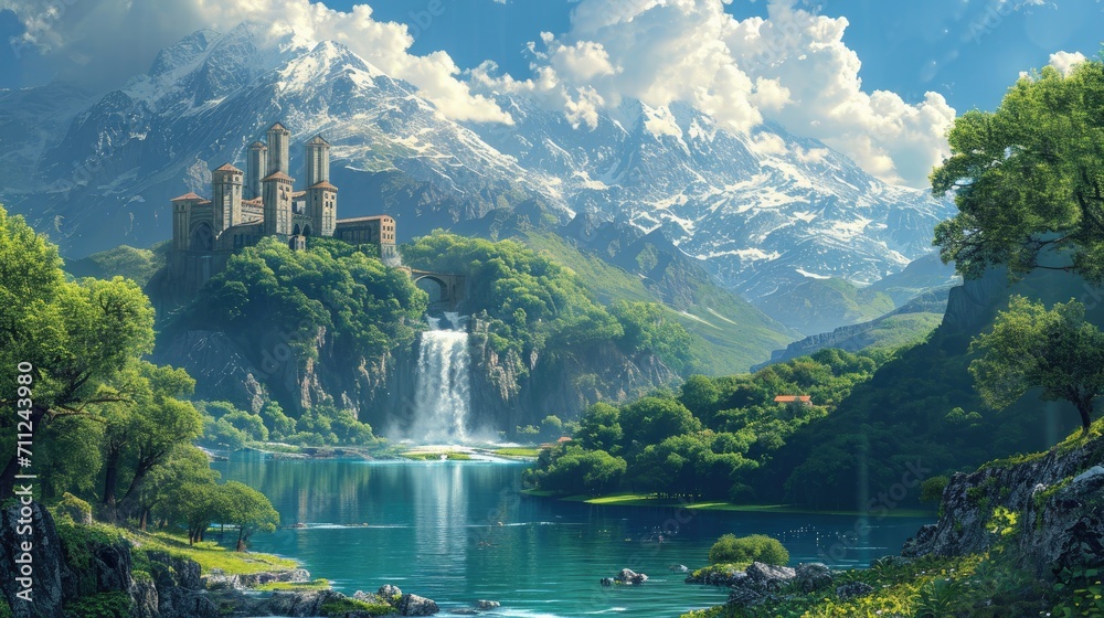 Fantasy scene depicting a painters canvas, where the painted scenery ...