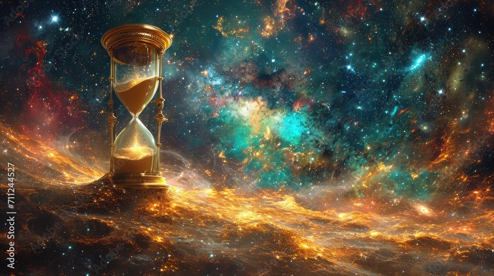Symbolic depiction of time, an ancient hourglass with sands flowing ...