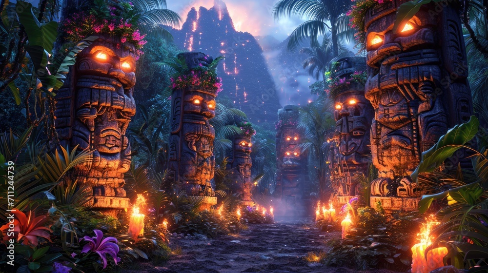 Artistic representation of Hawaiian legends, tiki gods and torches ...