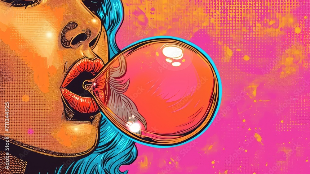 Artistic interpretation of bubble gum pop art, bold colors, and retro comic style, exaggerated ...