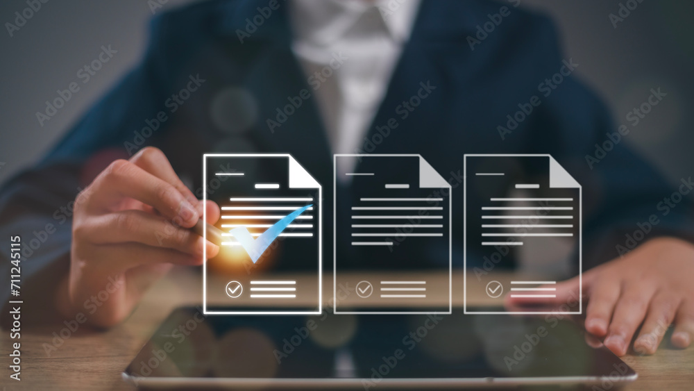 Businessmen use electronic pens to tick correct sign marks in online ...