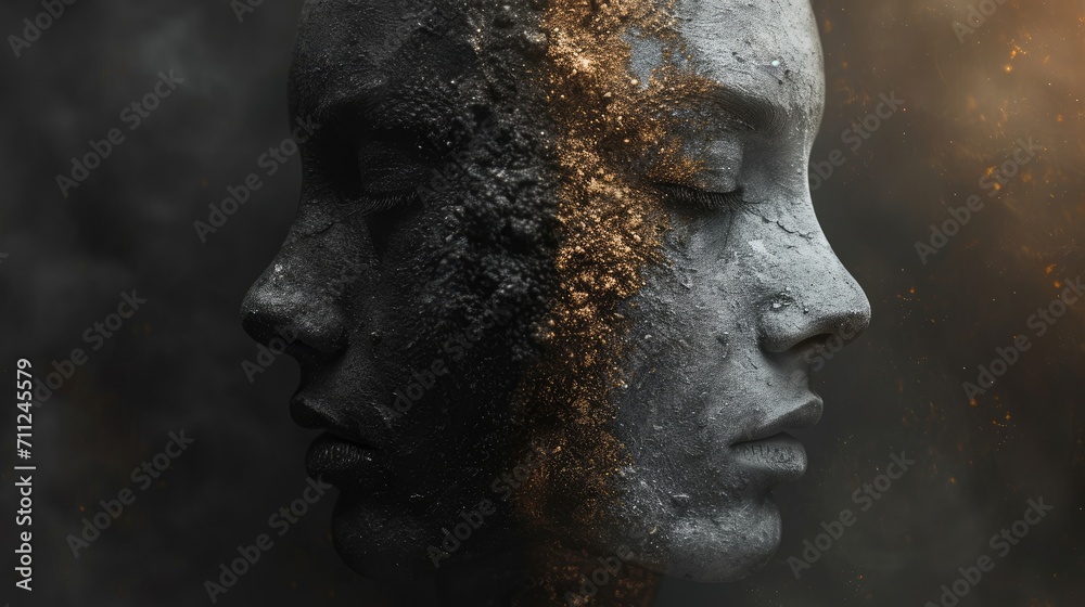 Artistic representation of human emotions, a face with half in shadow and half in light ...