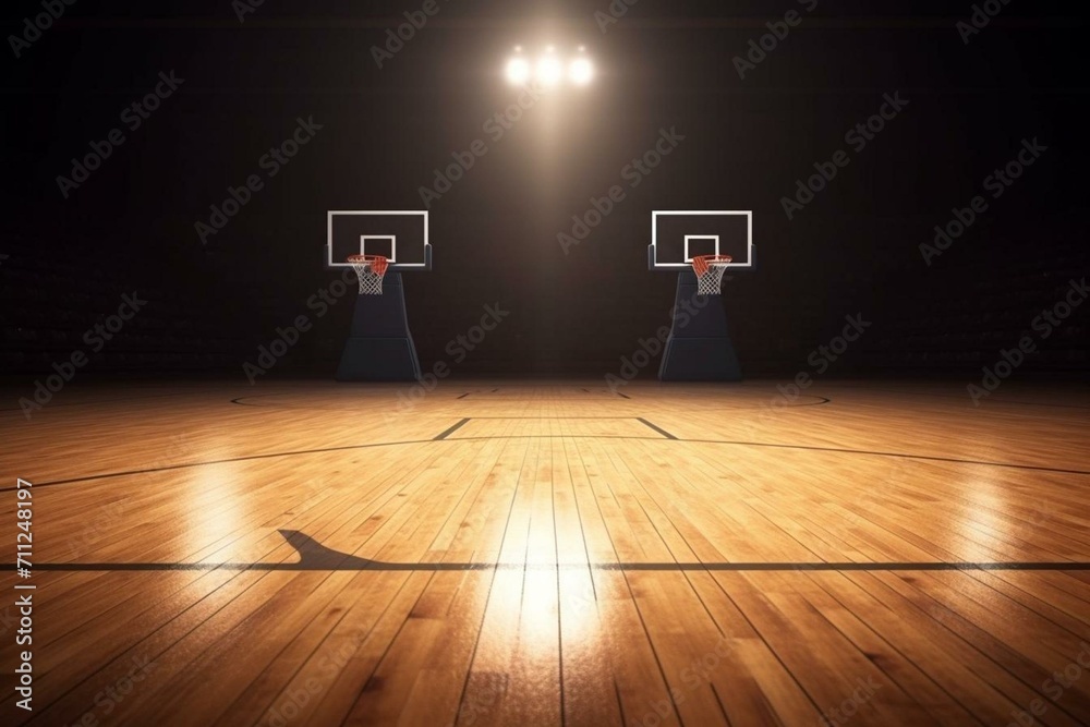 Indoor basketball court, wooden floor, hoop. 3D illustration of sports ...