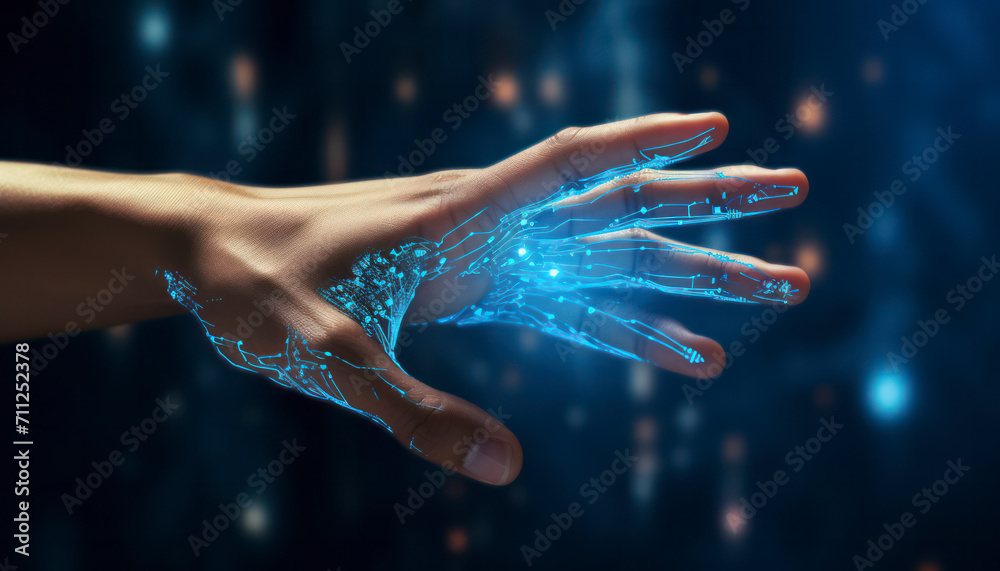 Hand and digital in Cybernetic Space, Blue-Toned Interface, Global ...