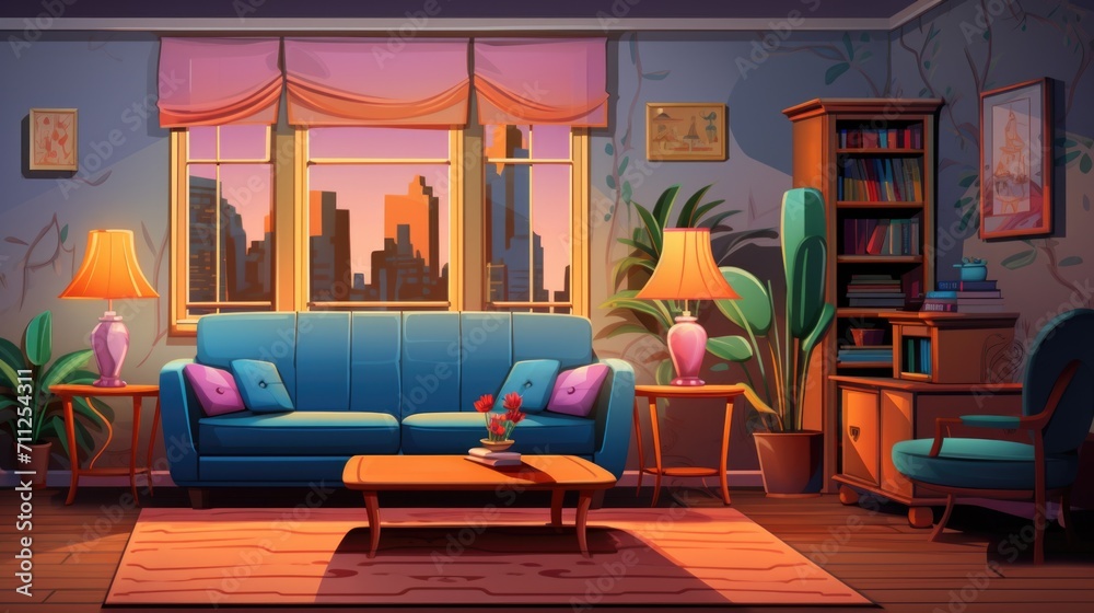 Modern living room interior illustration in cartoon style. Bright ...