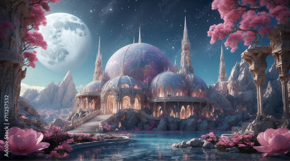 In a photograph saturated with intense hues, an opulent lunar space ...