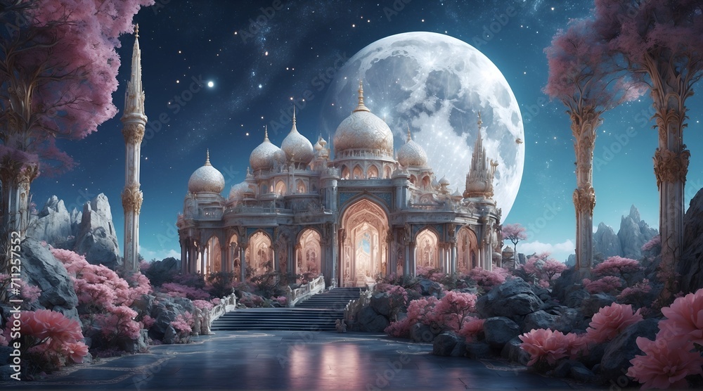 In a photograph saturated with intense hues, an opulent lunar space ...