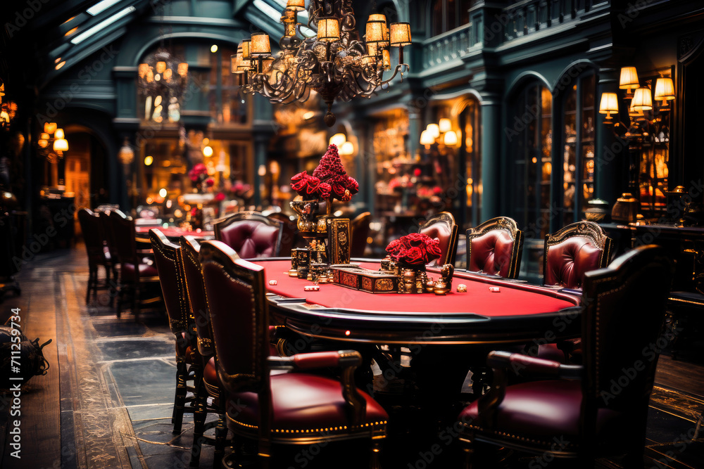 An elegant and opulent restaurant interior with red plush chairs ...