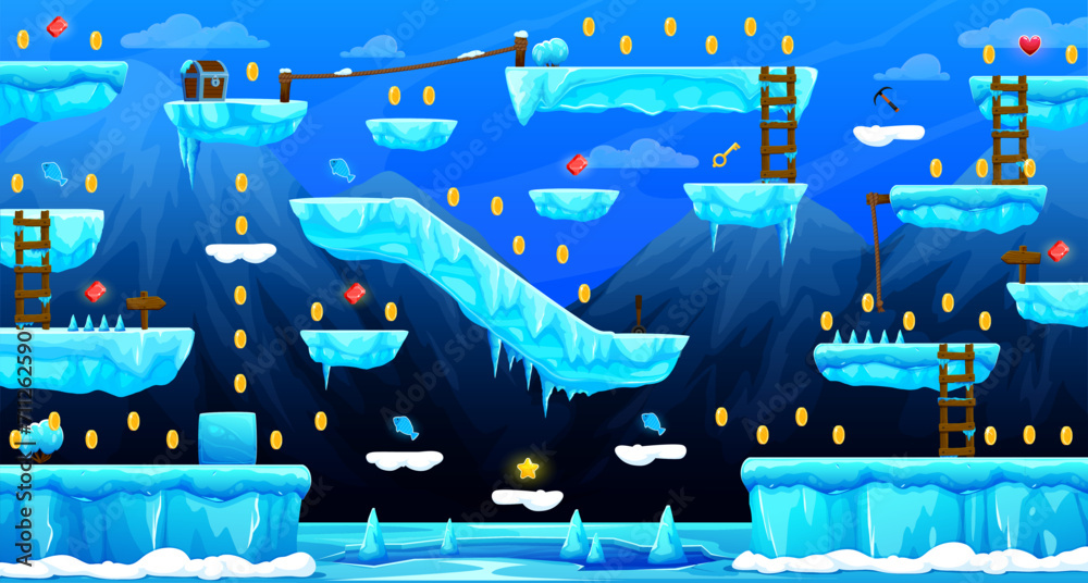Poster Arcade iced world game level map interface with key and golden ...