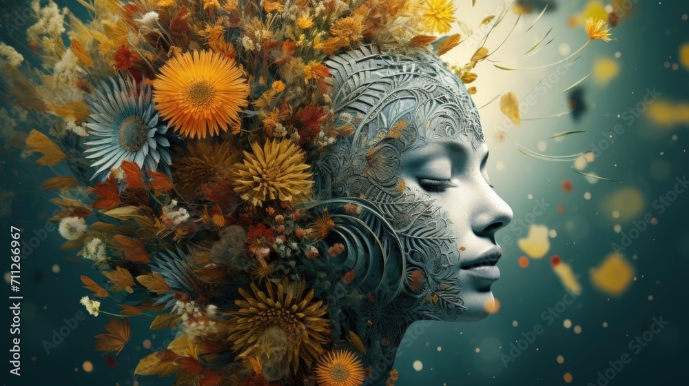 Fusion of human features and organic elements like flowers and leaves ...