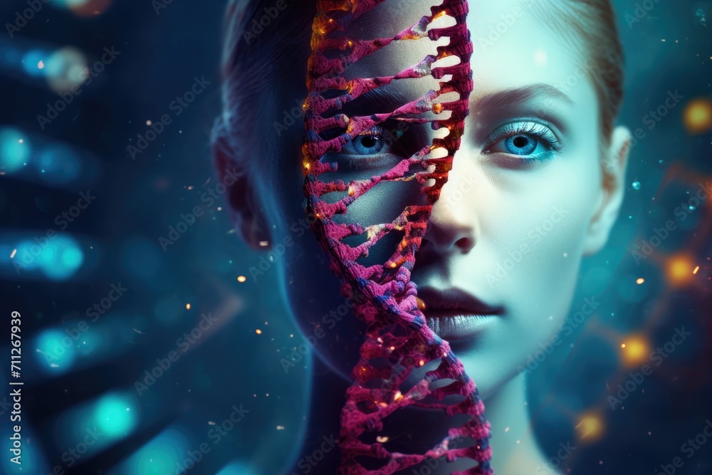 A close-up photo of a womans face with a double strand of pink and red ...