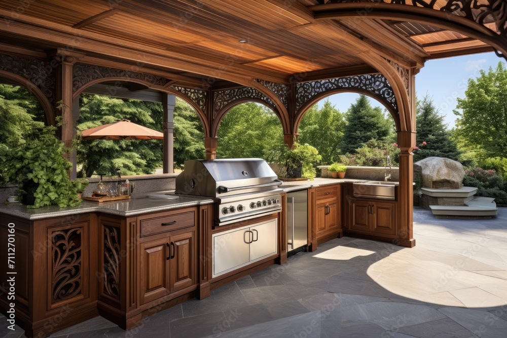 Outdoor Kitchen With Grill and Grilling Area, Front view of an outdoor ...