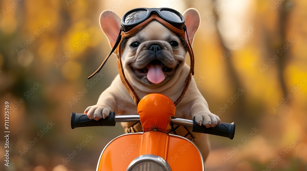 Cute french bulldog riding on electric scooter wearing aviator goggles ...