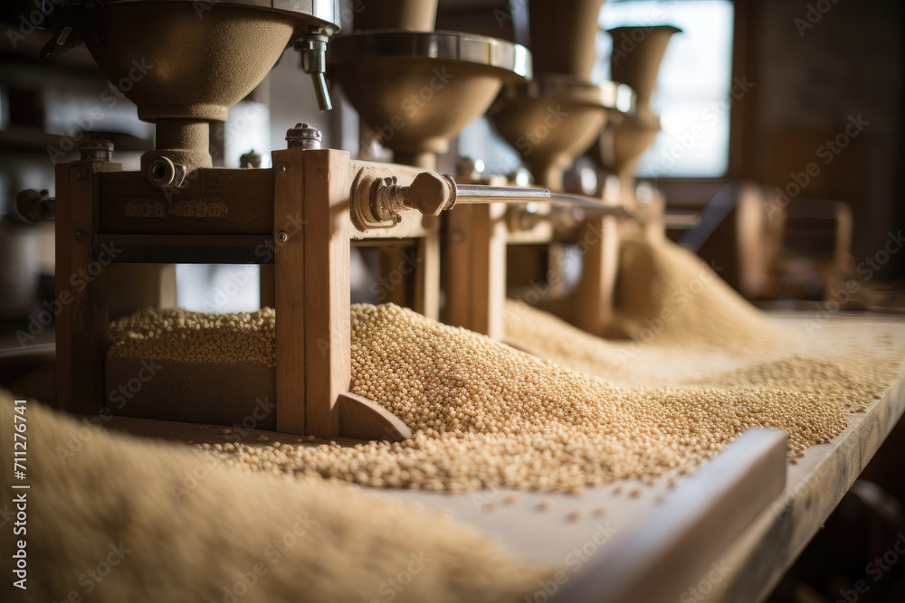 In this image, a bunch of grain is being milled into a machine to ...
