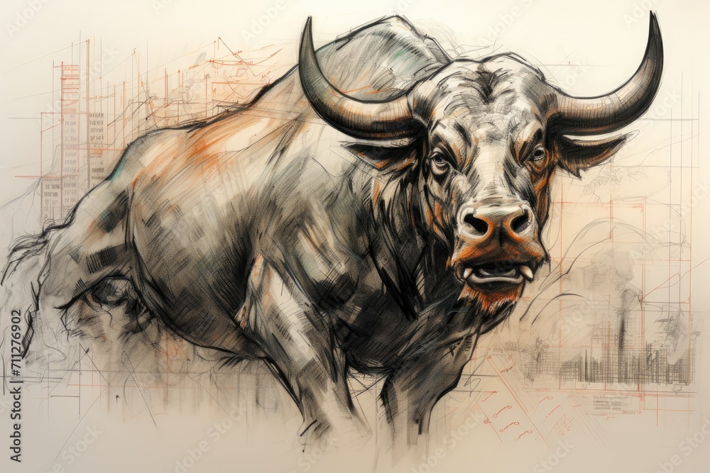 An intricate illustration of a bull, depicted with strikingly large ...