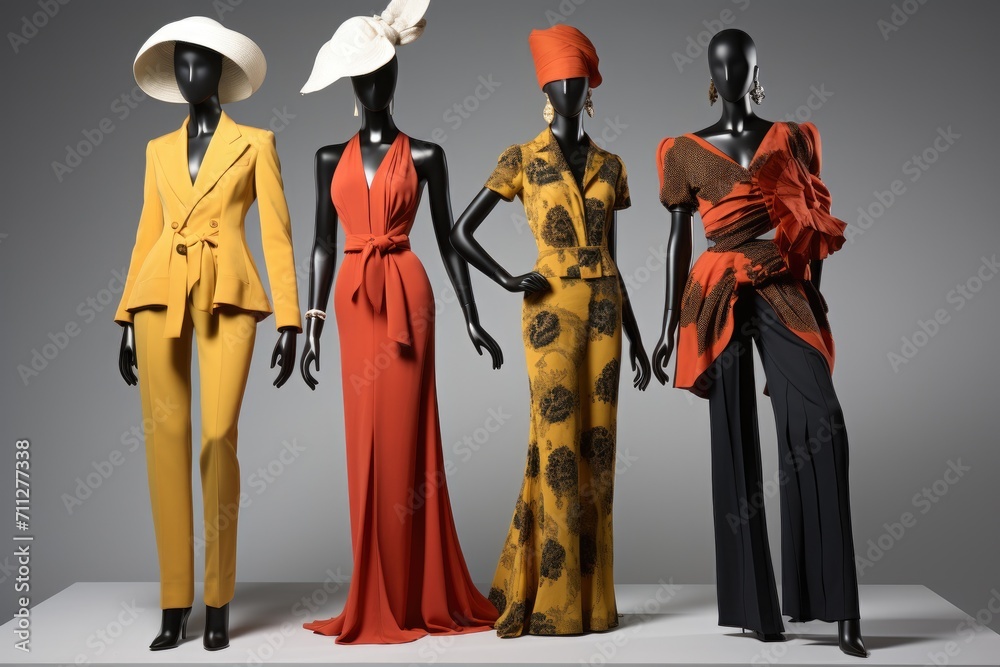 A group of mannequins wearing different outfits of various fashion ...
