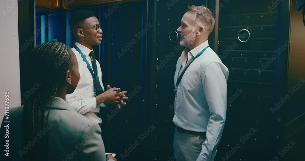 People, handshake and server room success, onboarding or cyber security ...