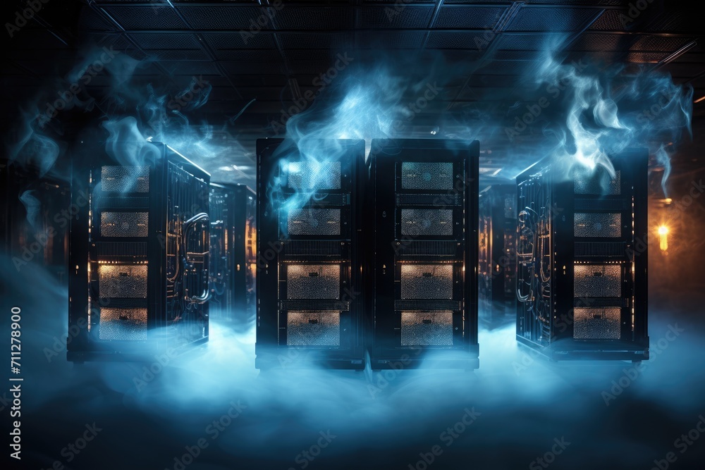 A group of servers malfunctioning and emitting smoke, signaling a ...