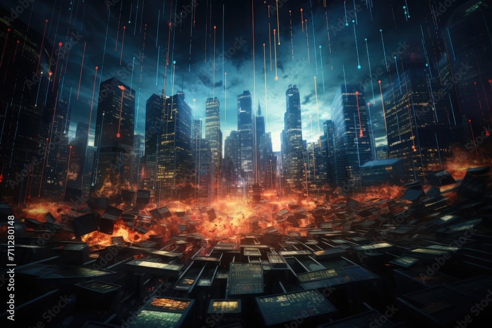 A futuristic cityscape immersed in flames and billowing smoke ...