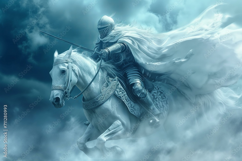 Ancient warrior knight flying on white horse in the blue clowds Stock ...