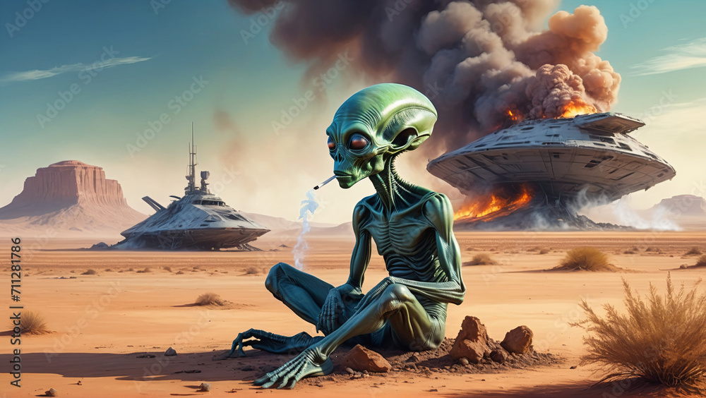 funny illustration of a sad alien smoking near to crashed alien space ship UFO on desert ...