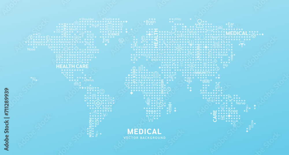 Medical health care. Blue world map background with medical equipment ...