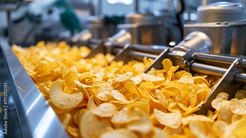 Golden Crisps Production: Abundance of Freshly Made Potato Chips on ...