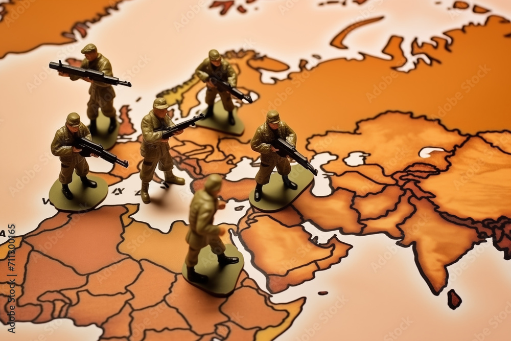 Toy soldiers war on a world map illustration Stock Illustration | Adobe ...