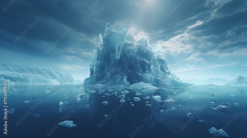 Melting ice with ice floe adrift in water, dissolving ice shards convey ...