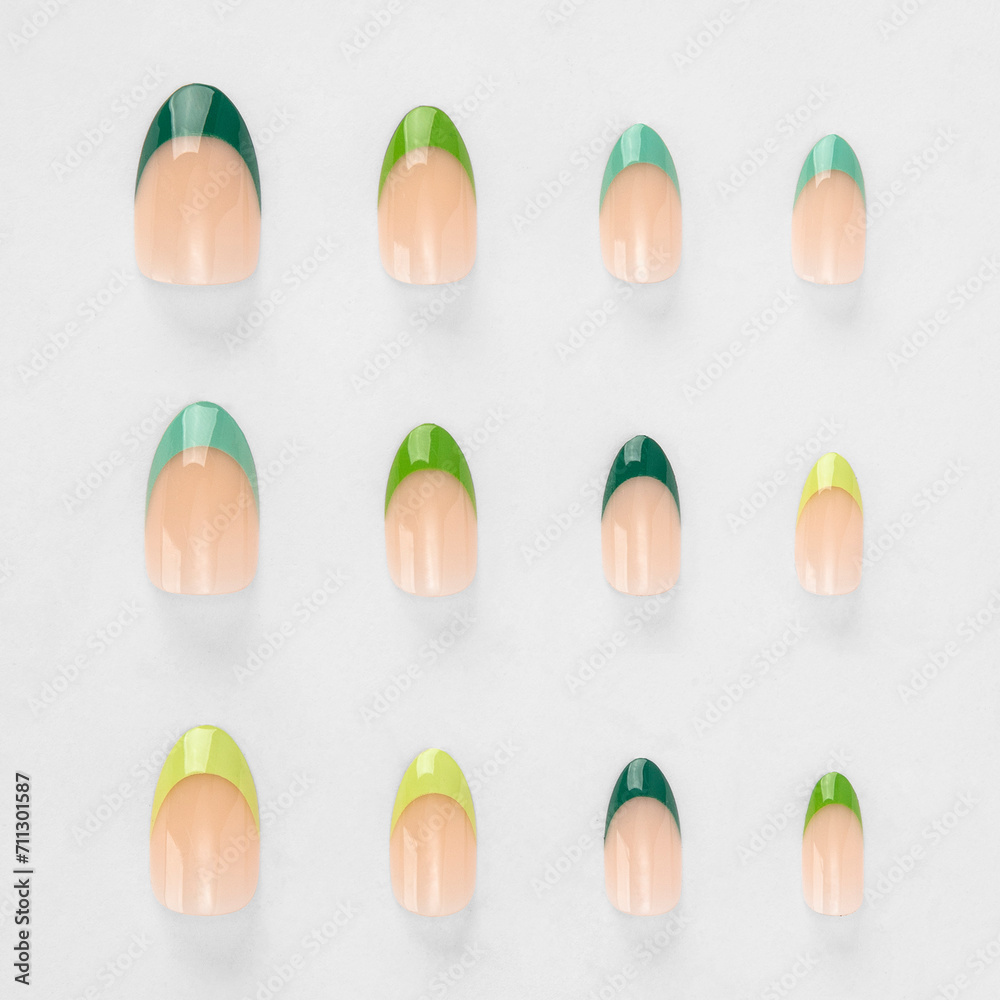 realistic set of colored false nails adhesive isolated on white ...