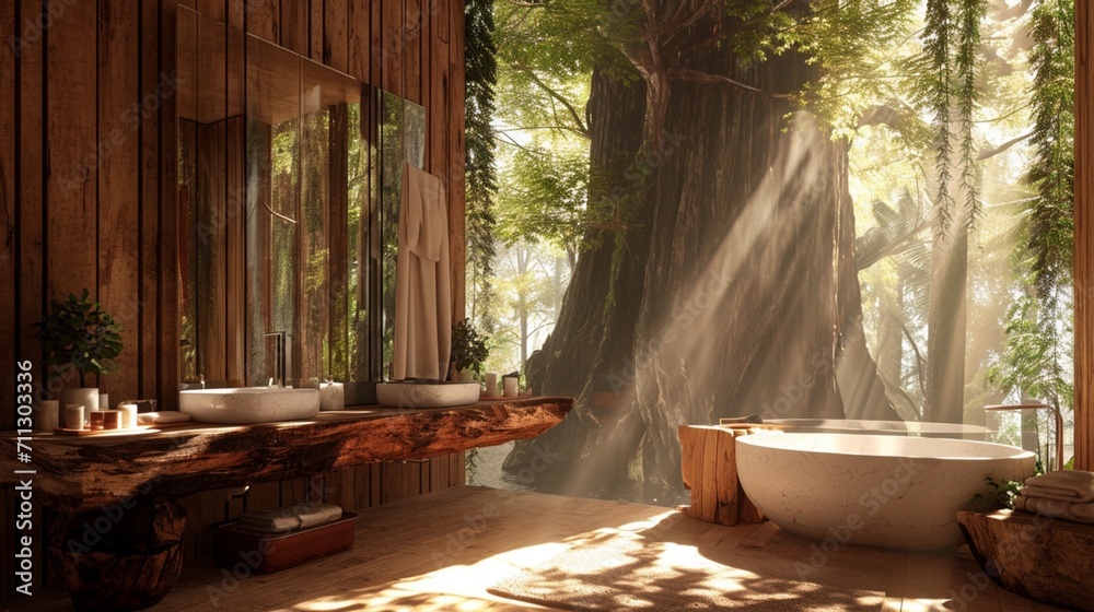 Treehouse bathroom nestled within a giant redwood, sunlight dappling ...