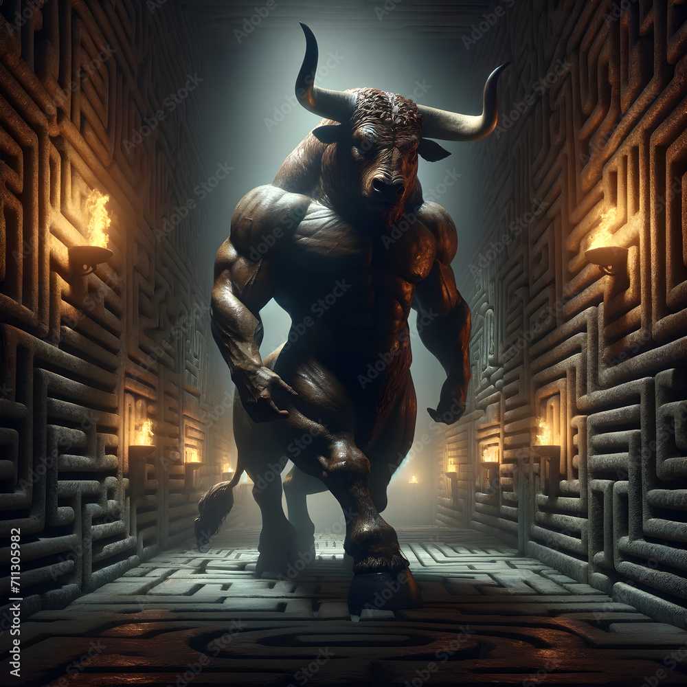 Photo of a mighty Minotaur, the upper body of a man with a deep brown ...