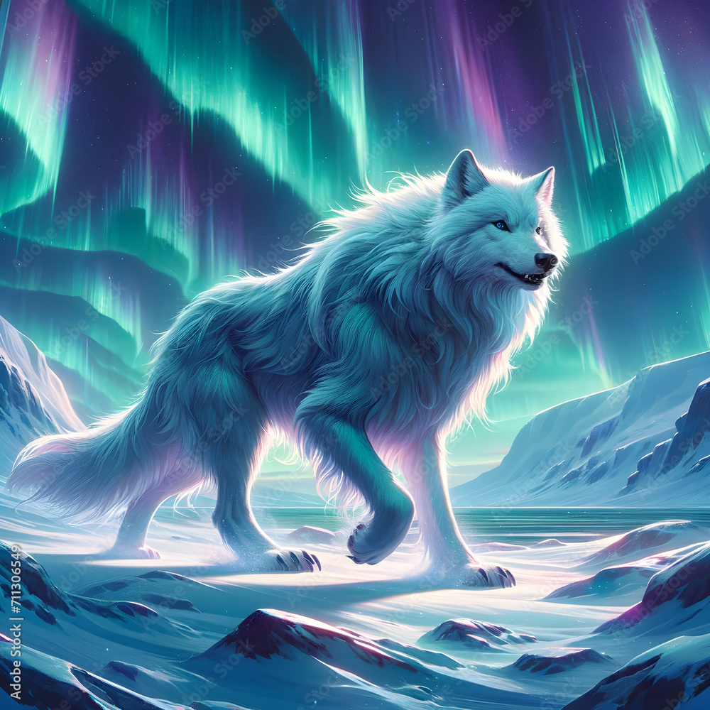 Amarok, a gigantic legendary Inuit wolf, is depicted hunting in a snow-covered landscape under ...