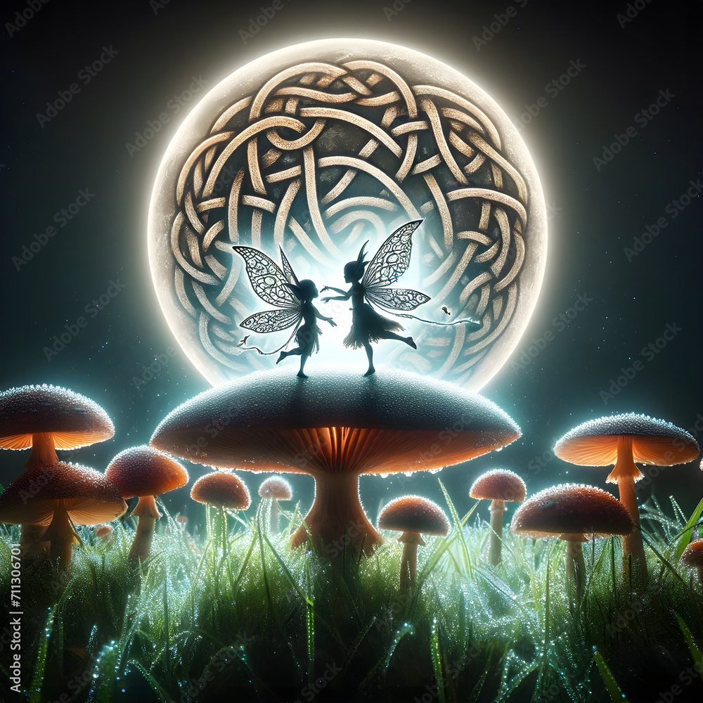 Photo of two sprites caught in a dance within a ring of toadstools ...