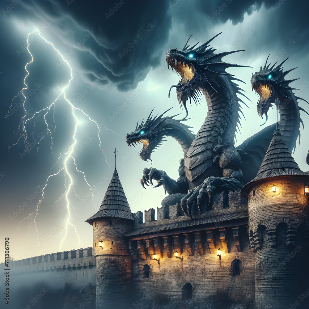 The Zmey Gorynych, the mythical three-headed dragon, perched menacingly ...